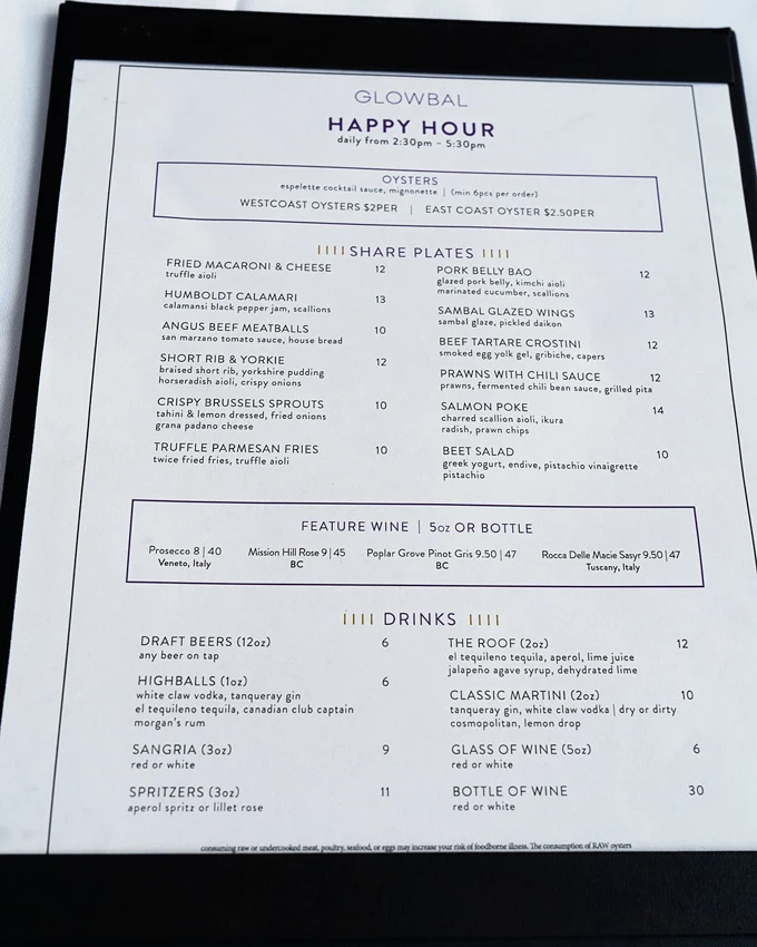 Glowbal Restaurant: Happy Hour Menu